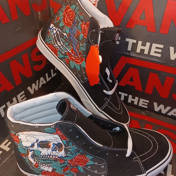 Vans | Shoes | Vans Rose Skulls Blacktrue White Sk8hi Mens 55womens 7 ...